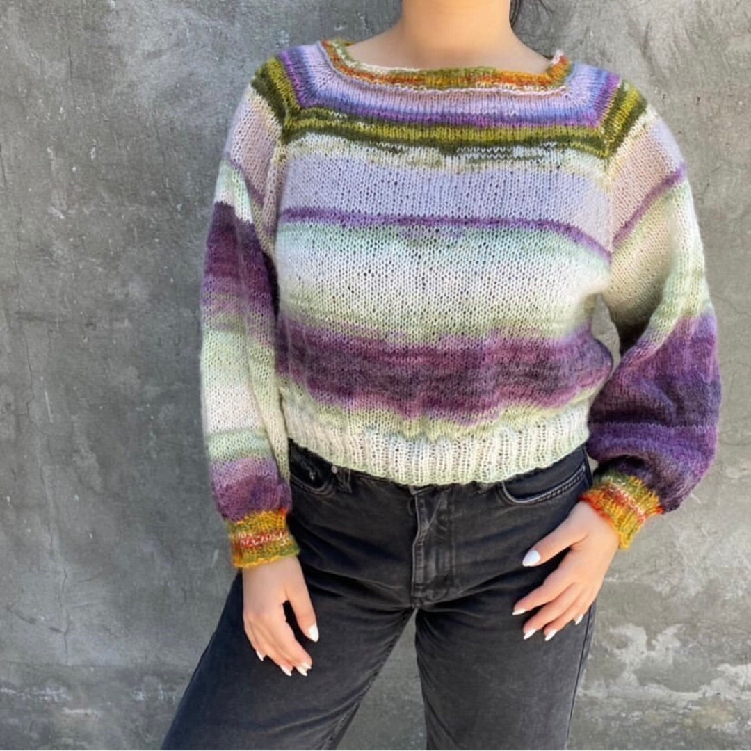 Mohair Cropped Jumper Color Block Colorful Sweater Woman Long Puffy ...