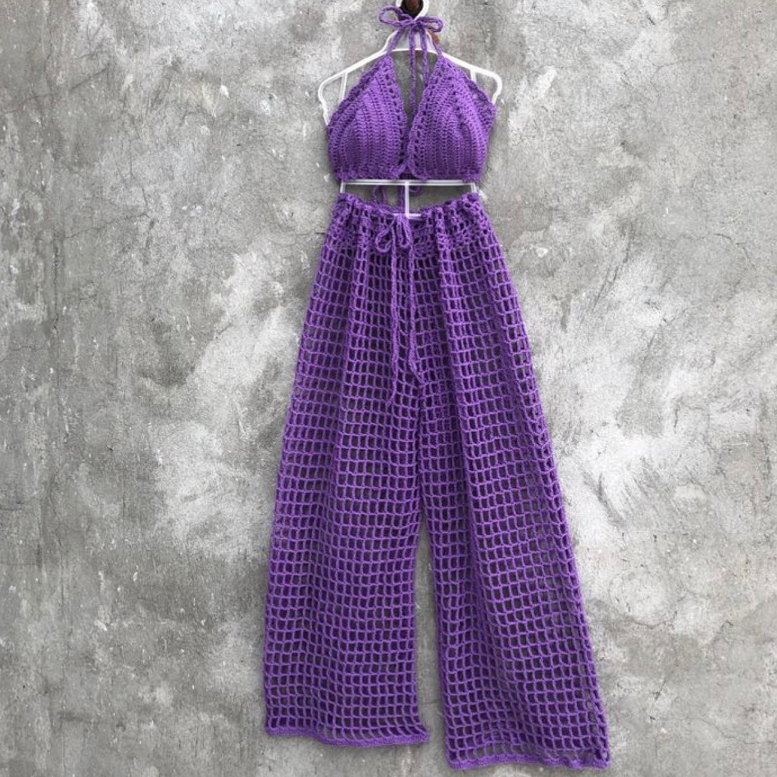 Crochet Pants Set Outfit Women Fishnet Two Piece Festival Clothing Mesh ...