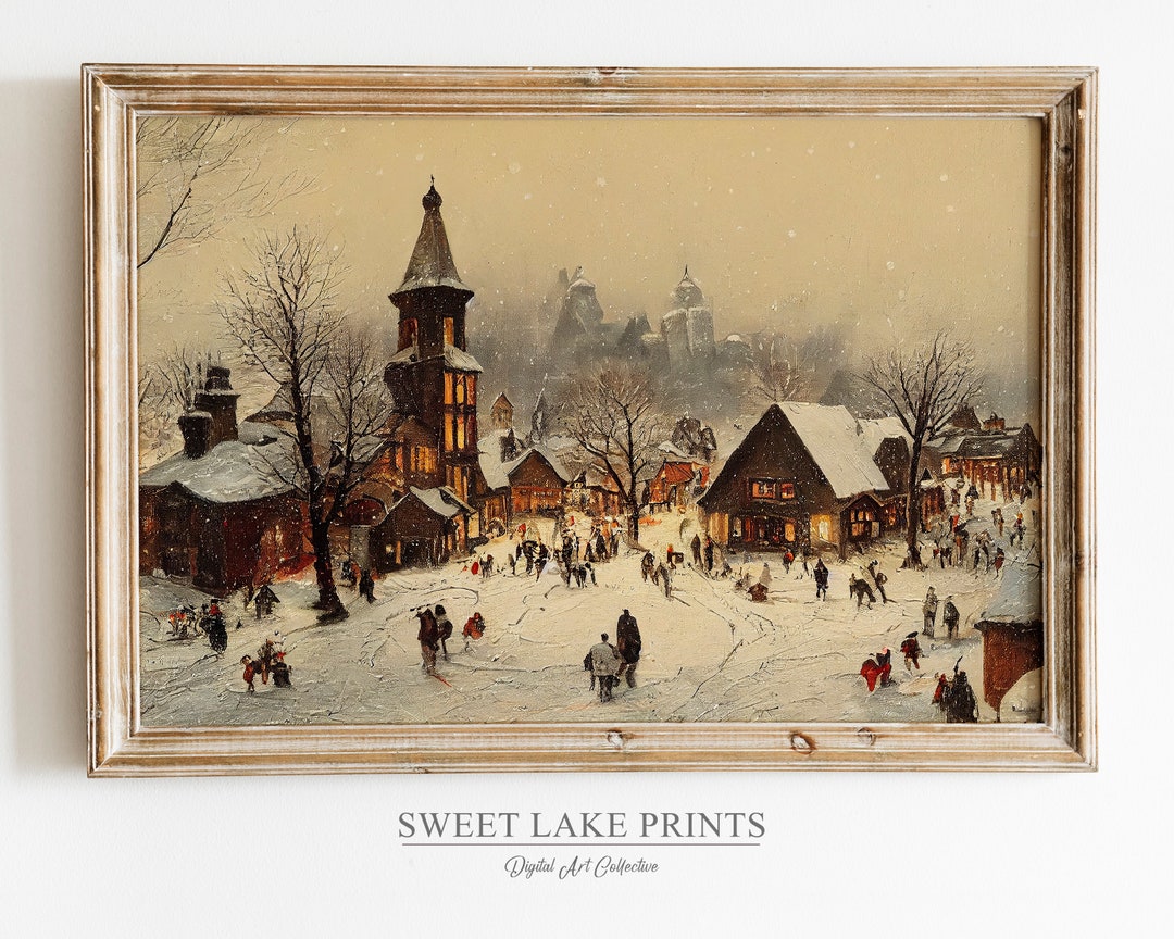 Vintage Winter Village Art - Rustic Christmas Landscape, Snowy Country ...