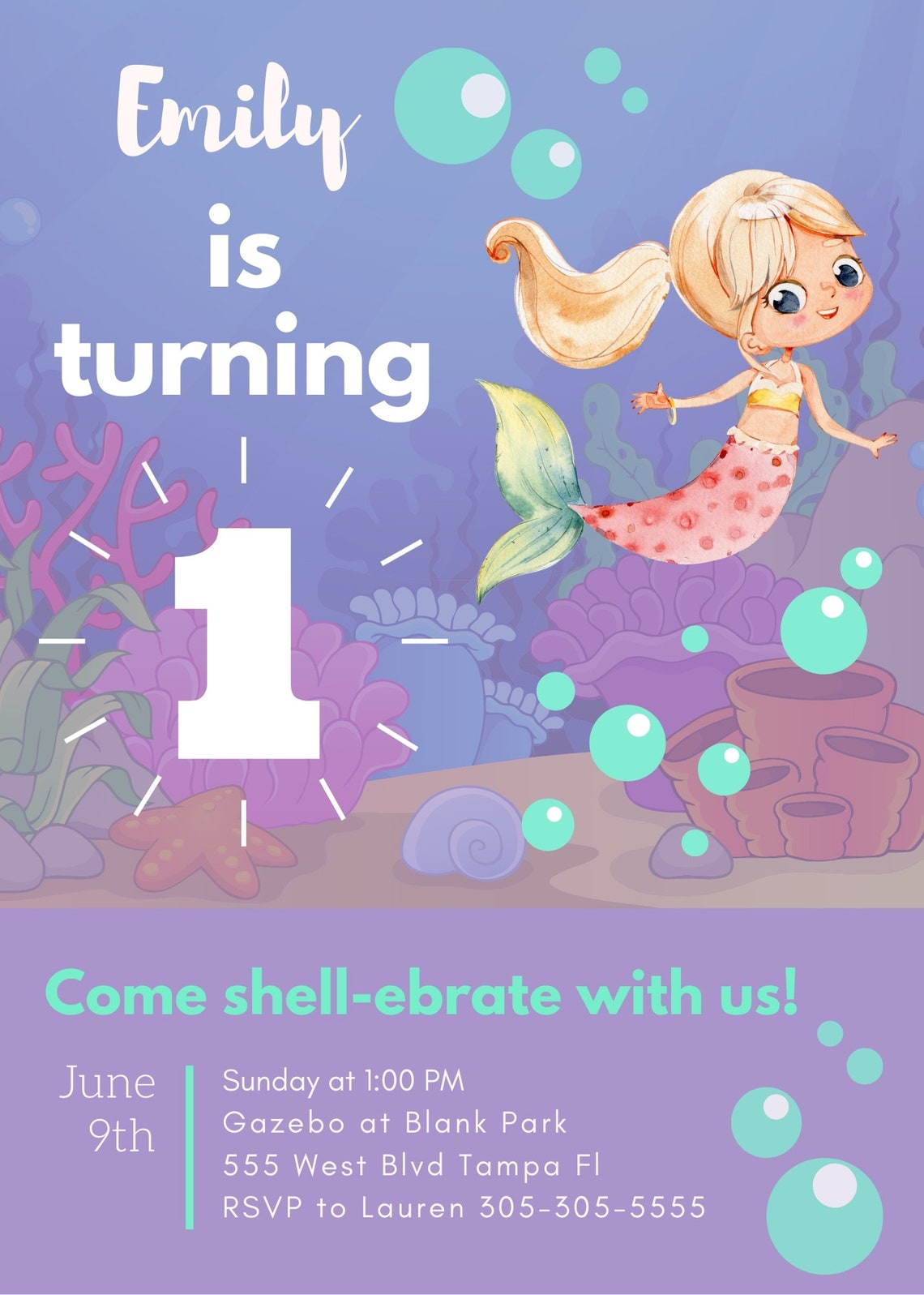 Mermaid First Birthday Party Invitation Shellebrate Mermaid Party ...