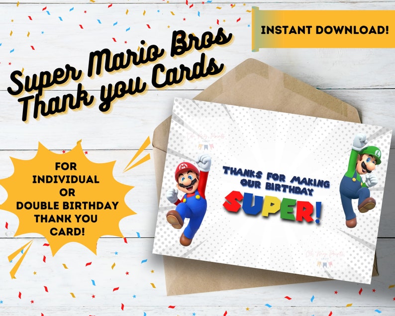 Super Mario Birthday Thank You Cards Printable Mario Brothers Thank You Cards Digital