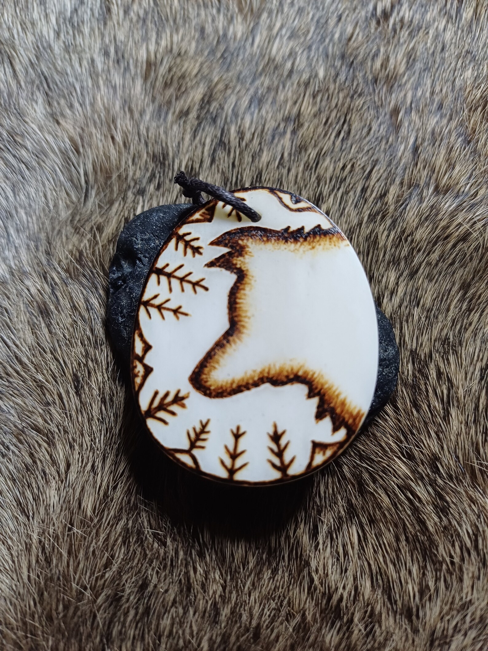 Wolf Spirit Amulet, Bone Pyrography, Primitive Stone Age Cave Painting ...