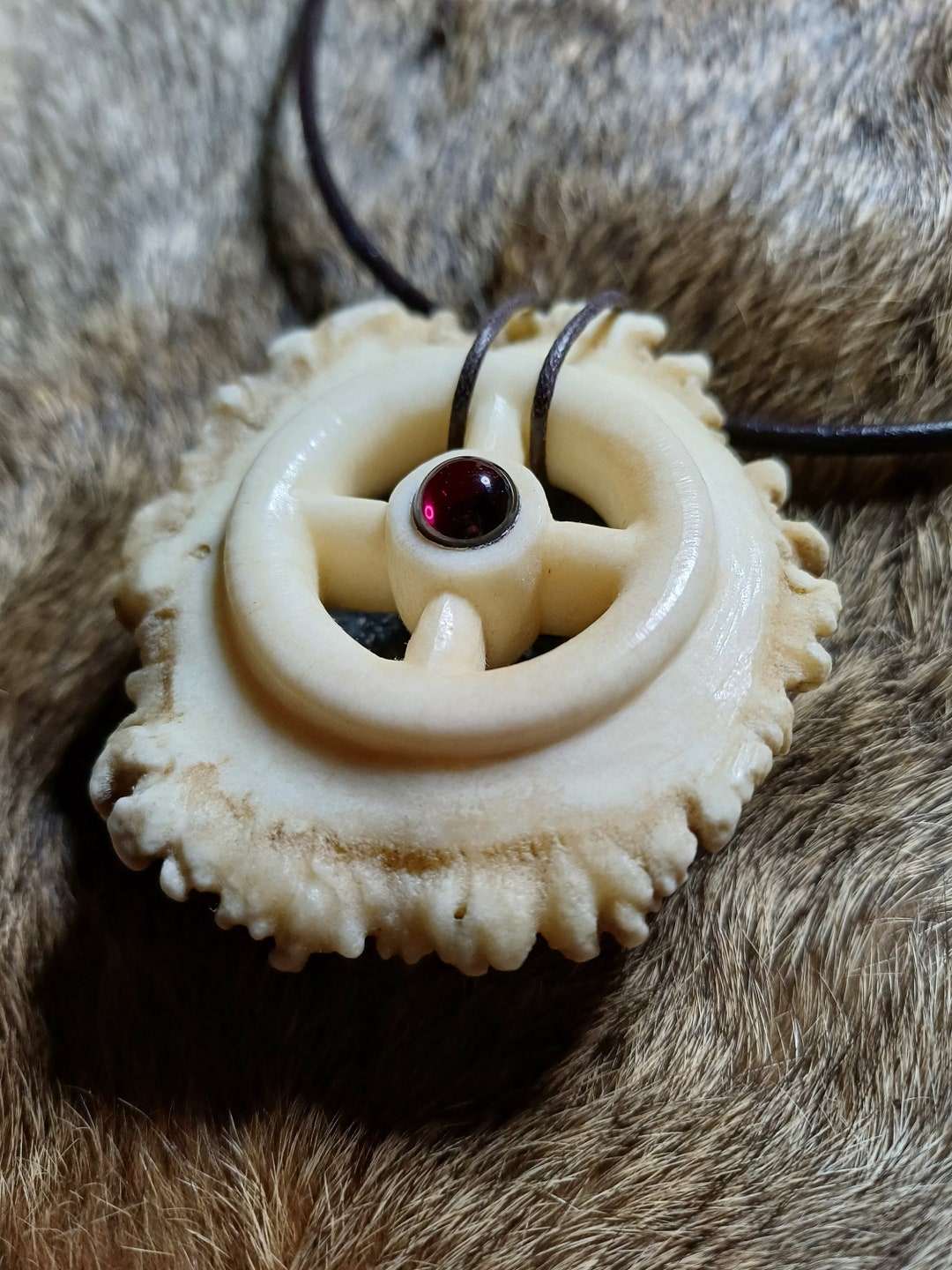 Sun Cross Amulet, Moose Antler and Garnet, Handcarved Solar Wheel Disk ...