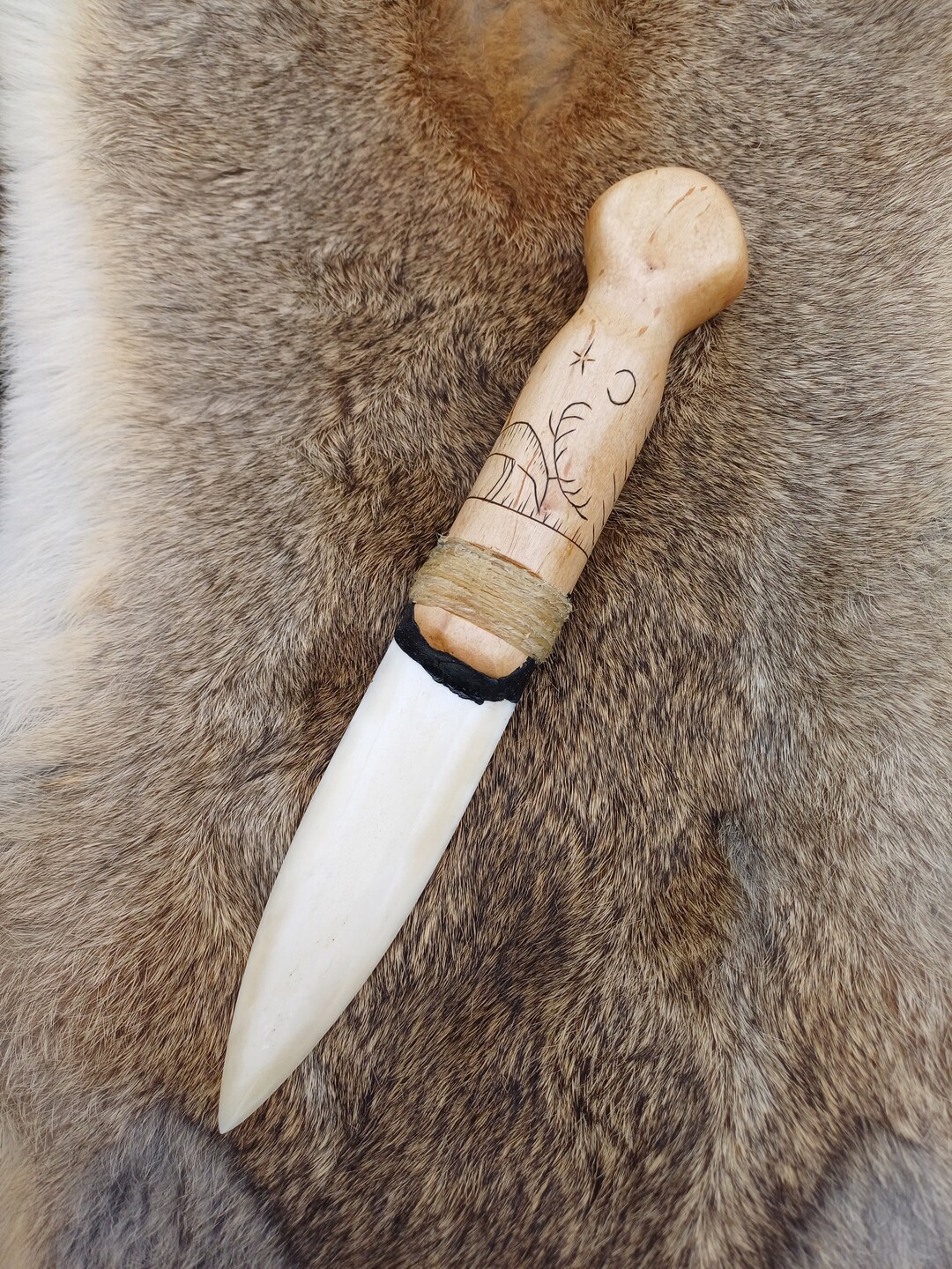 Bone and Birch Athame, Pine Glue Deer Sinew Handcarved Engraved Ritual ...