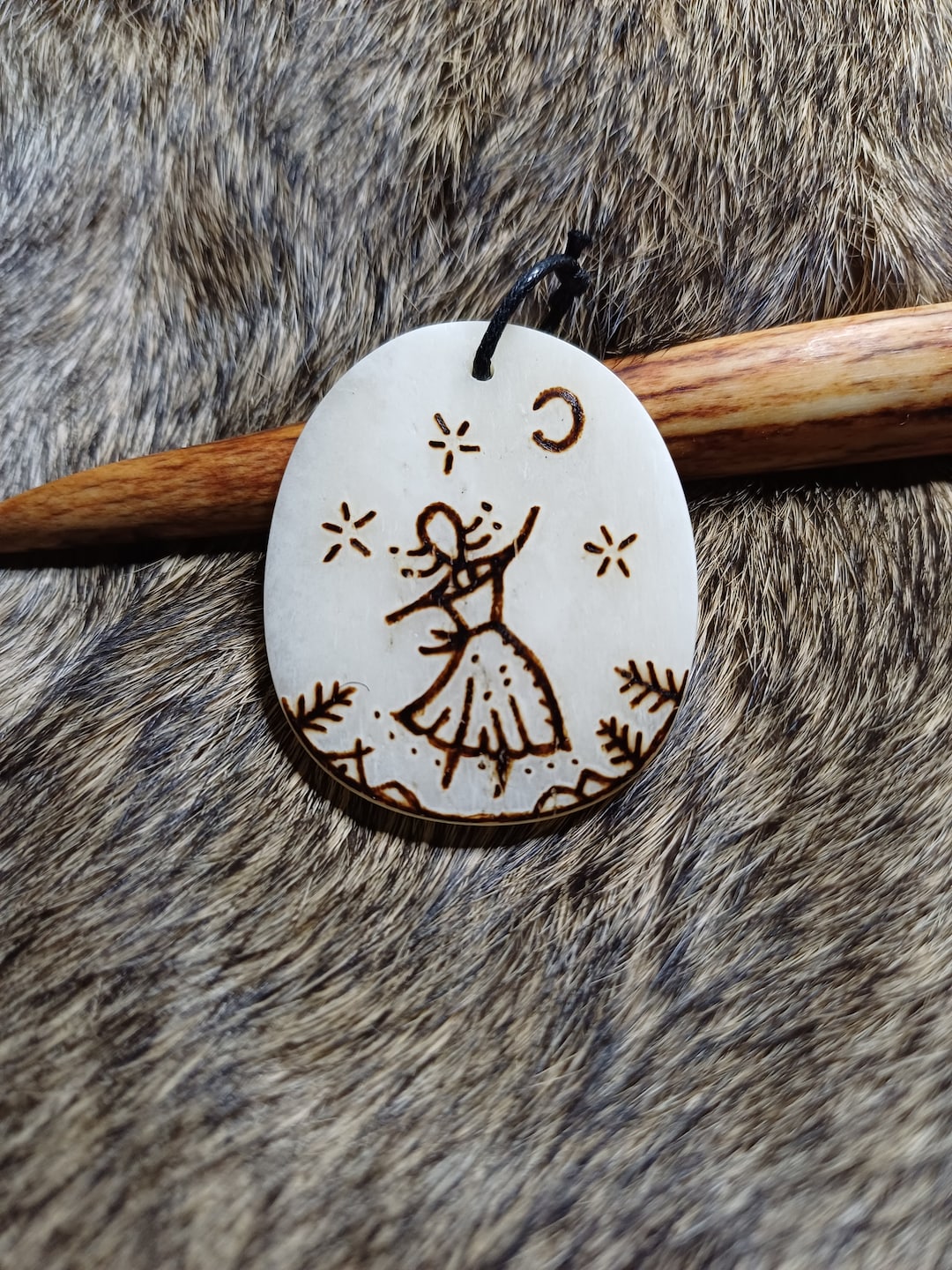 Moon Witch Talisman, Bone Pyrography, Ancient Art Amulet Shaman Volva ...