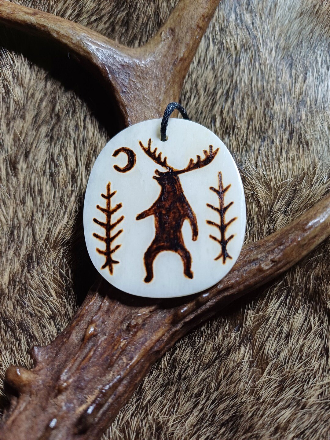 Bear Stag Amulet, Bone Pyrography, Cavebear Antlers Horned Forest God ...