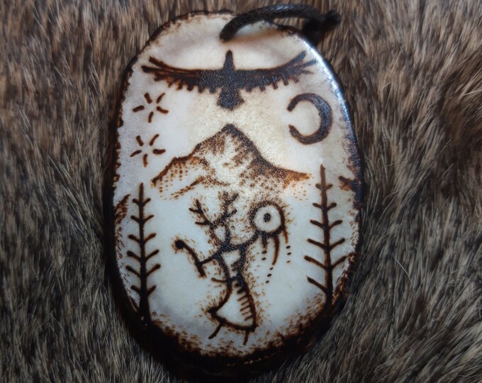 Mountain Witch Amulet, Shed Moose Antler Pyrography, Shaman Priestess ...