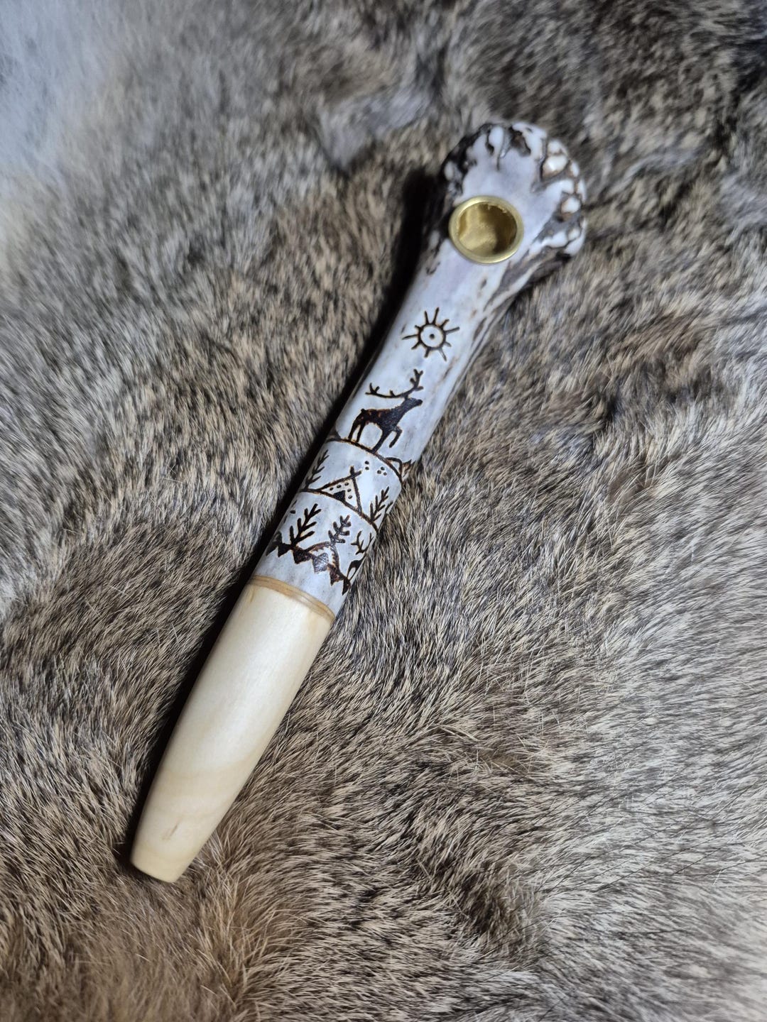 Stag and Sun, Antler Pipe With Pyrography, Smoking Ancient Bone Stone ...