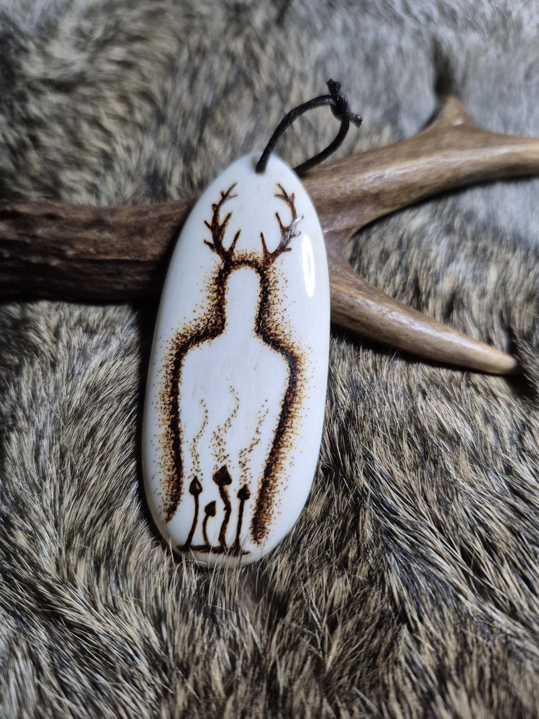 Mushroom Spirit Amulet, Bone Pyrography, Cave Painting Primitive Idol ...