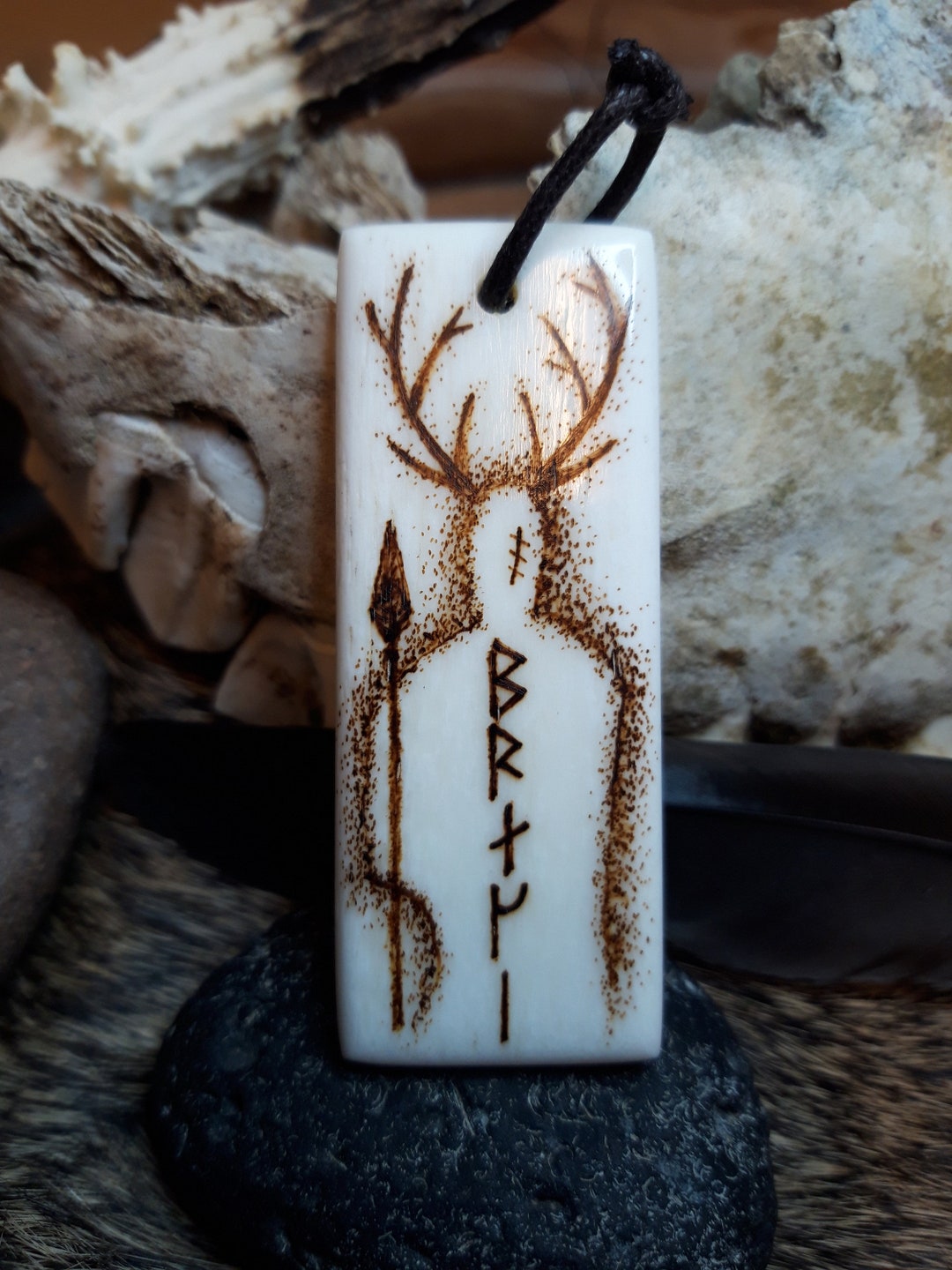Odin Talisman, Cattle Bone Pyrography Burnt, Primitive Norse Viking ...