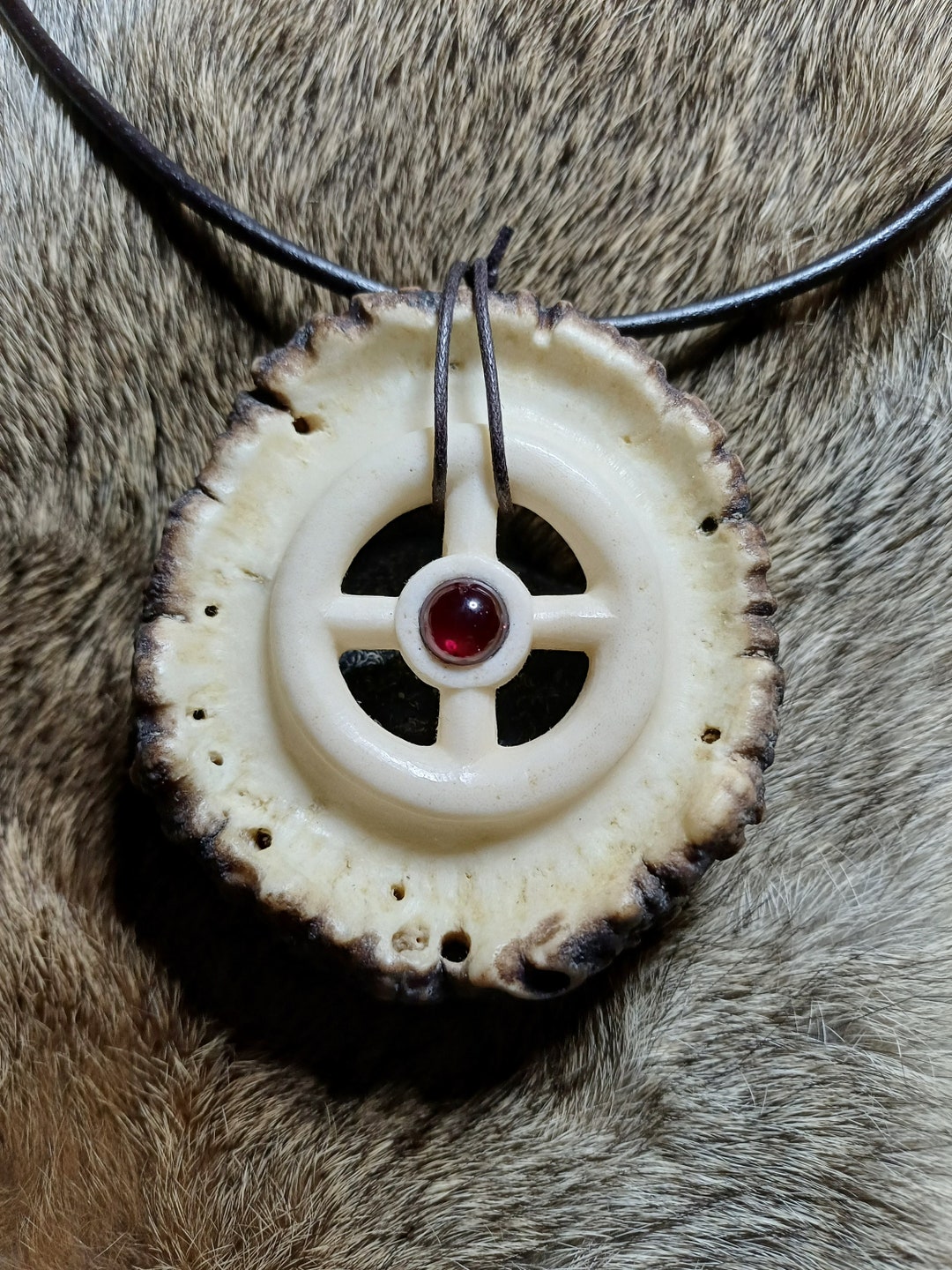 Sun Wheel Amulet, Shed Red Stag Antler and Garnet, Solar Disk Cross ...