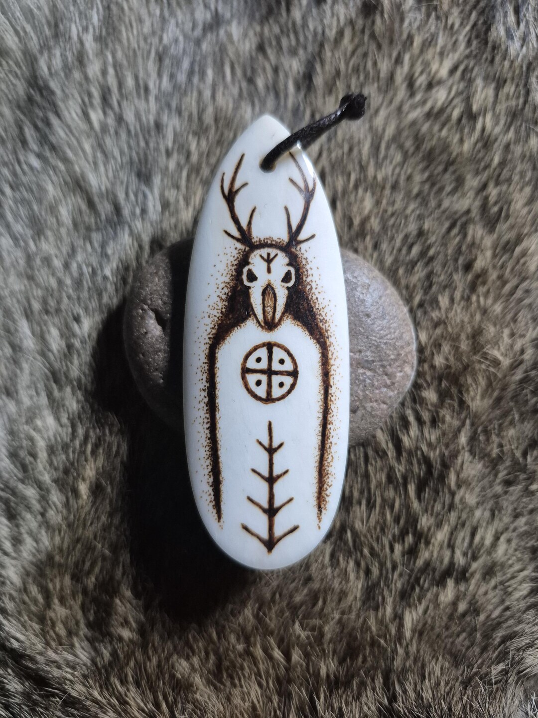 Ancient Forest Spirit Amulet, Bone Pyrography, Stone Bronze Age Pagan ...