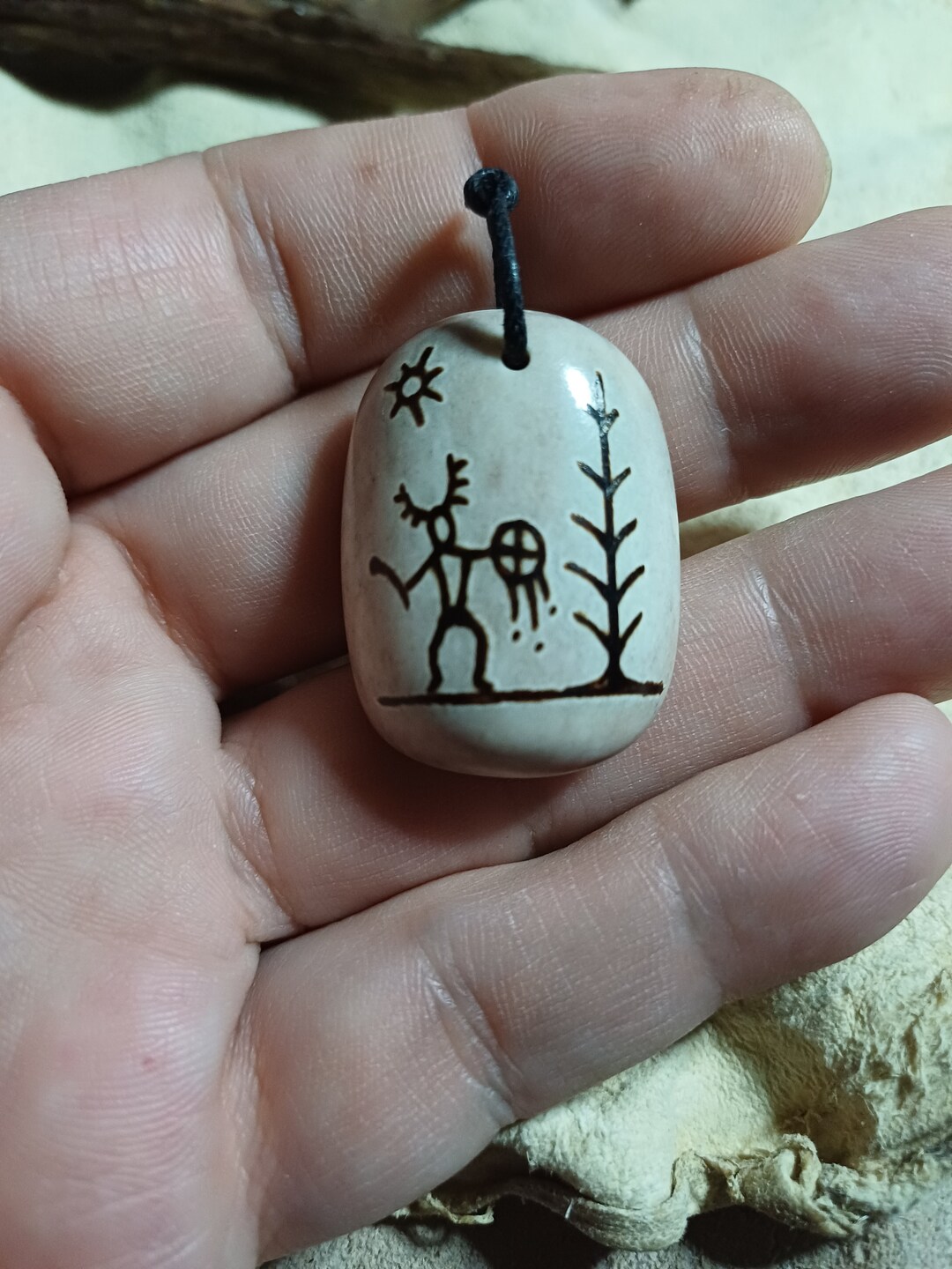 Shaman and Sacred Tree Amulet, Reindeer Antler Pyrography, Horned God ...