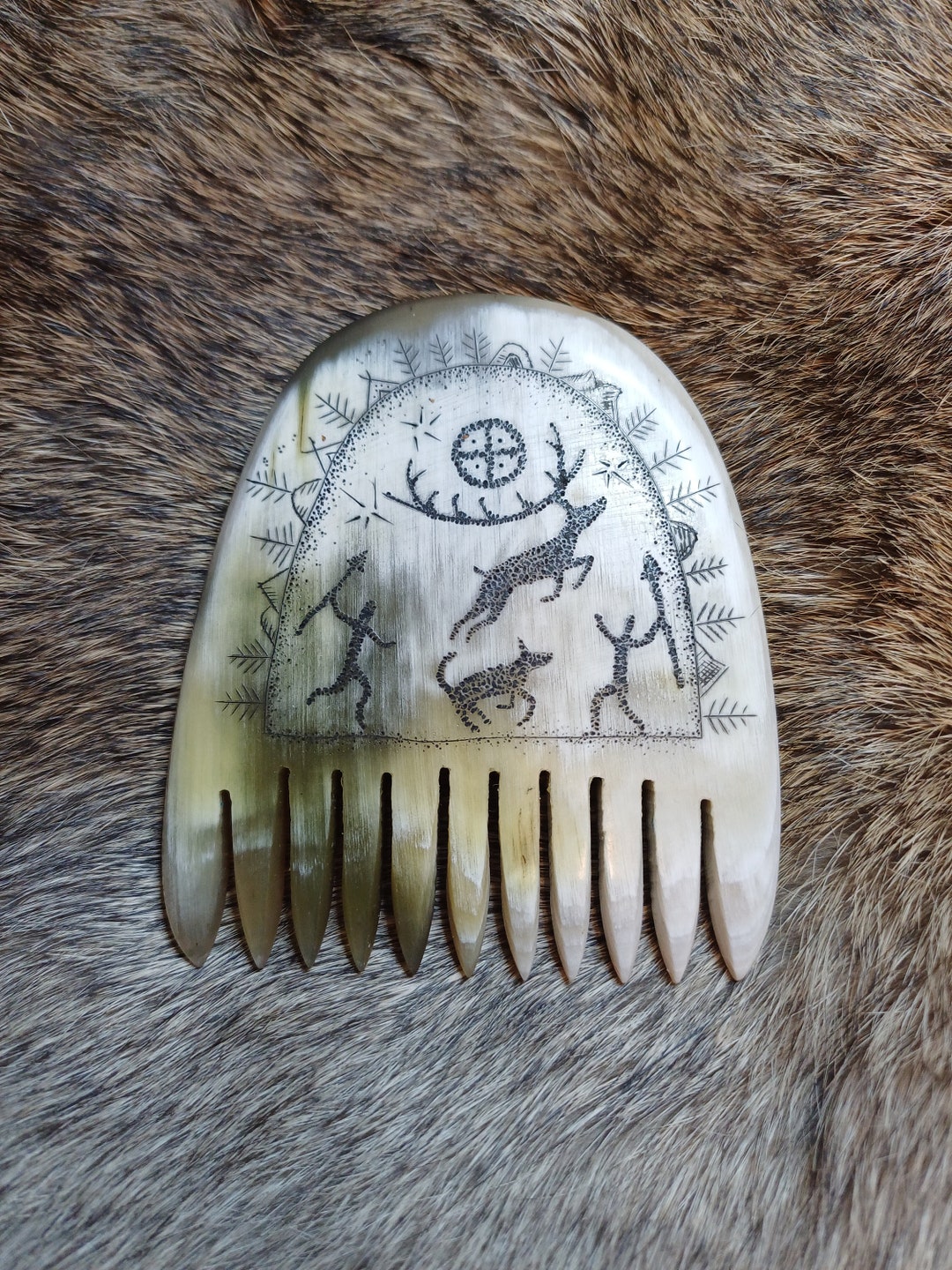 Comb or Beard Comb, Cow Horn Scrimshaw, Handcarved Dot Work Nordic ...