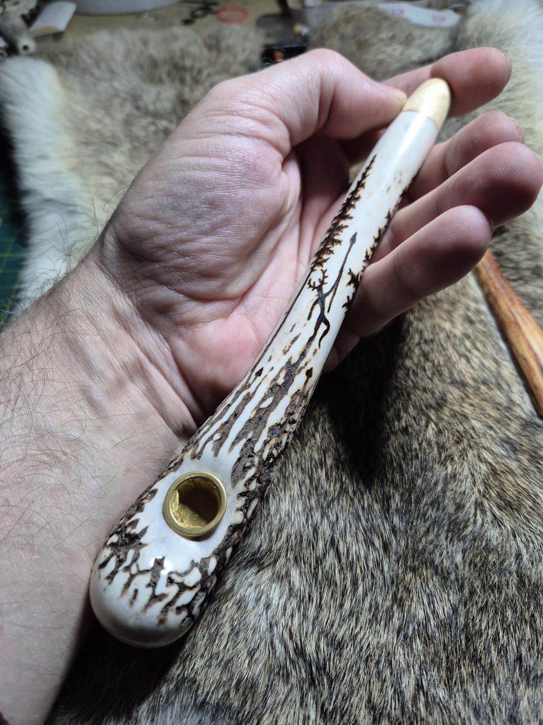 Stag Antler Pipe, Pyrography, Bone Pipe Stone Age Cave Painting ...