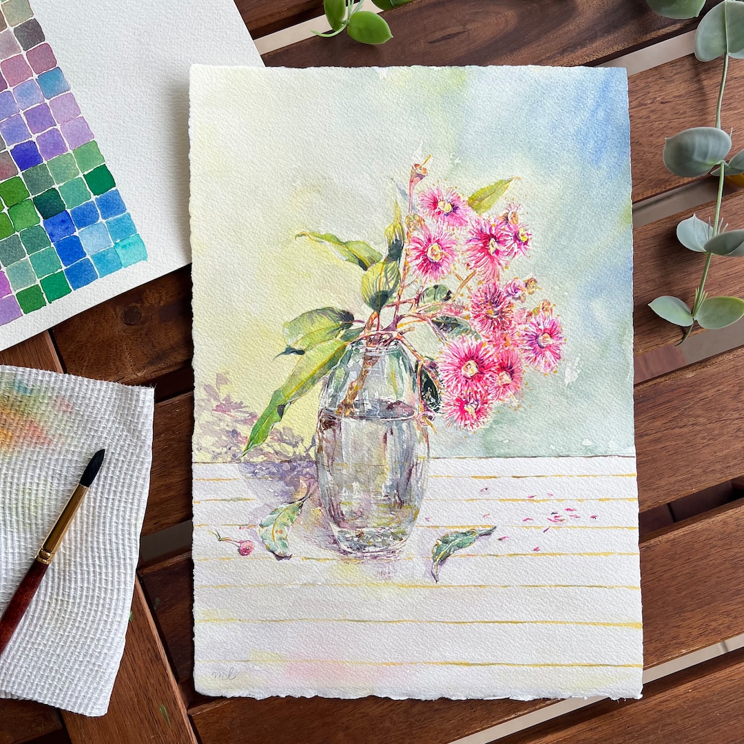 Watercolor Pink Gum Blossoms, Australian Still Life Painting, Aussie ...