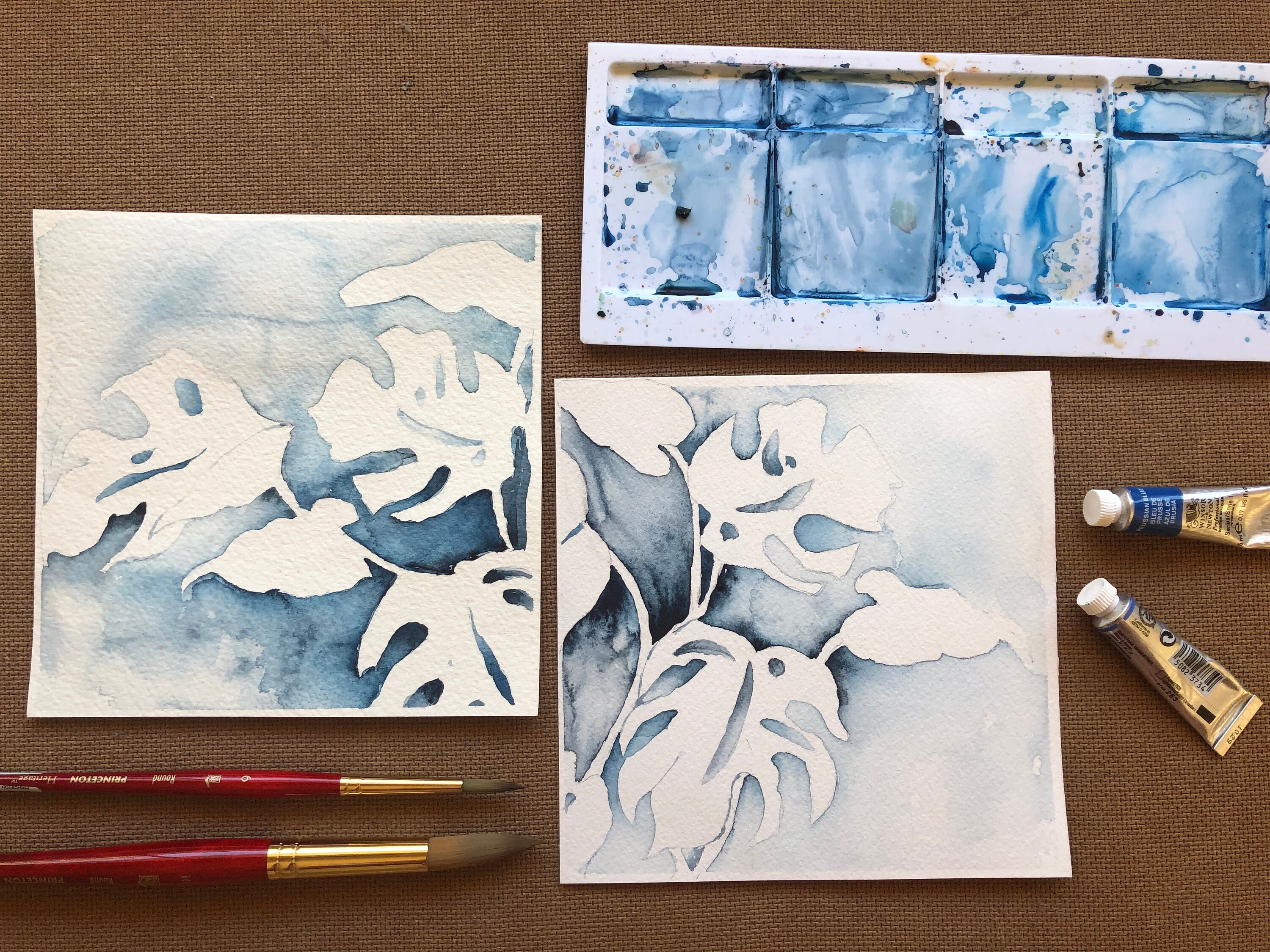 Indigo Blue Monstera Leaves Watercolor, Monstera Leaf Art, Watercolor ...