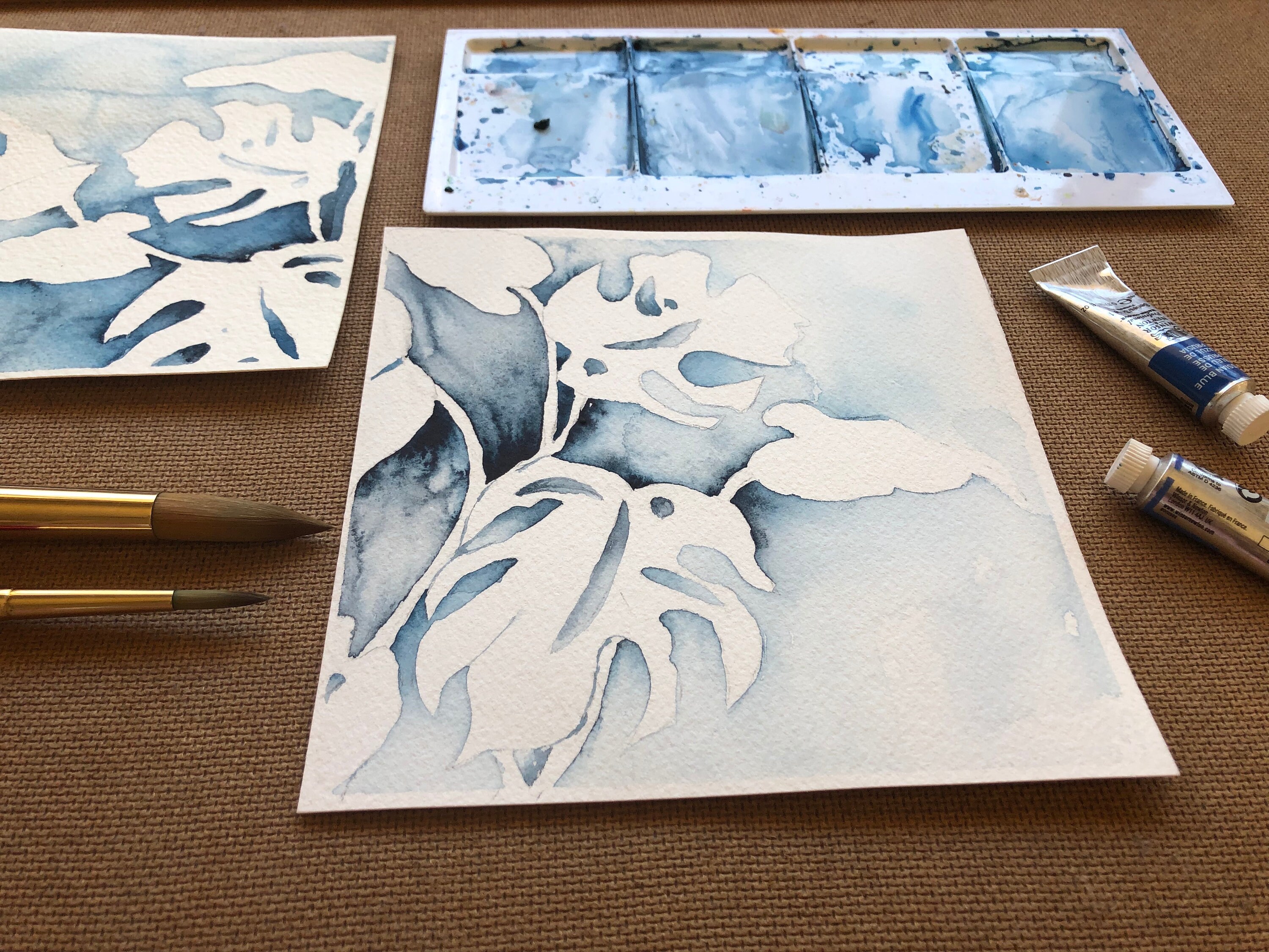 Indigo Blue Monstera Leaves Watercolor, Monstera Leaf Art, Watercolor ...