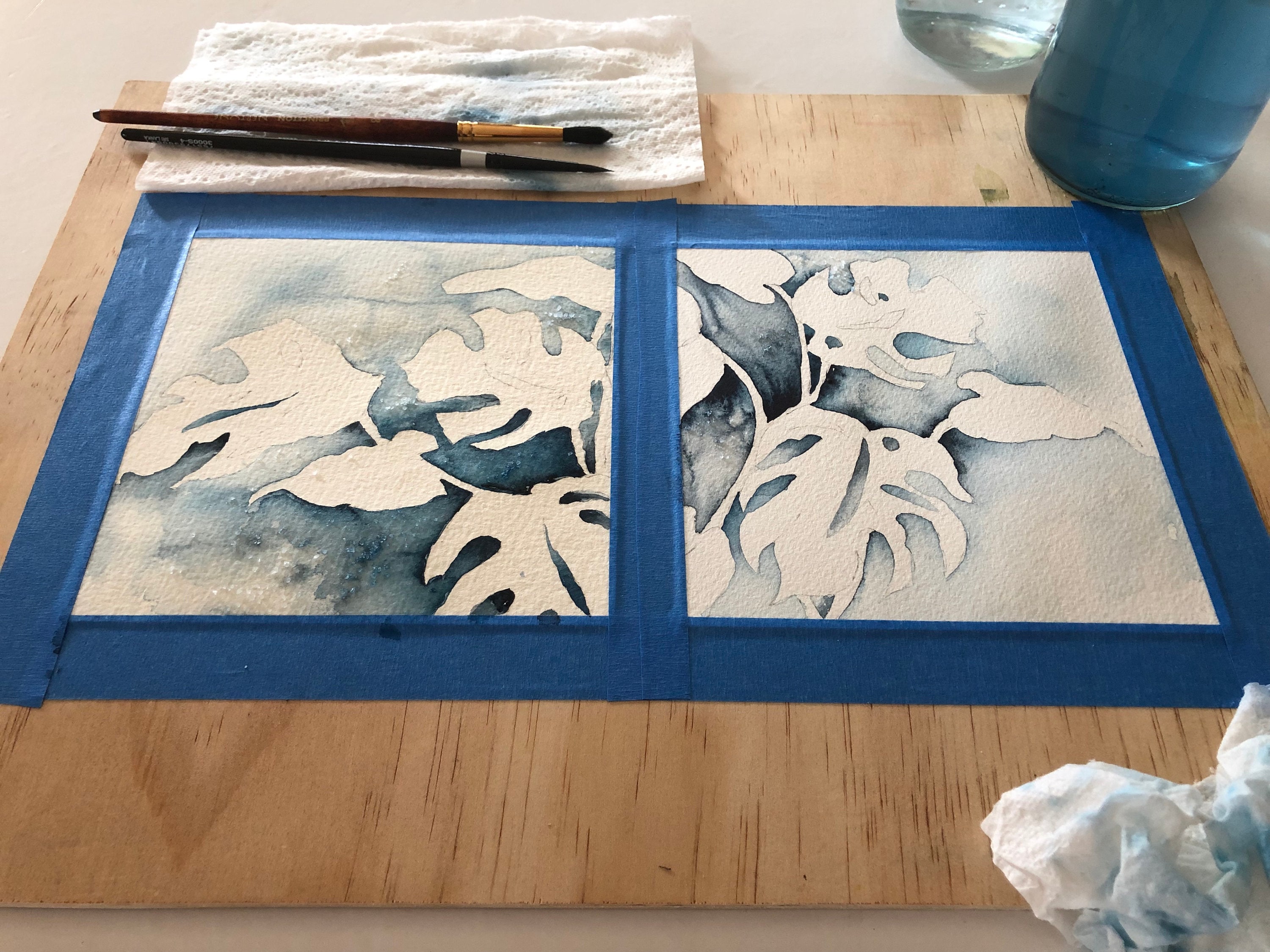 Indigo Blue Monstera Leaves Watercolor, Monstera Leaf Art, Watercolor ...