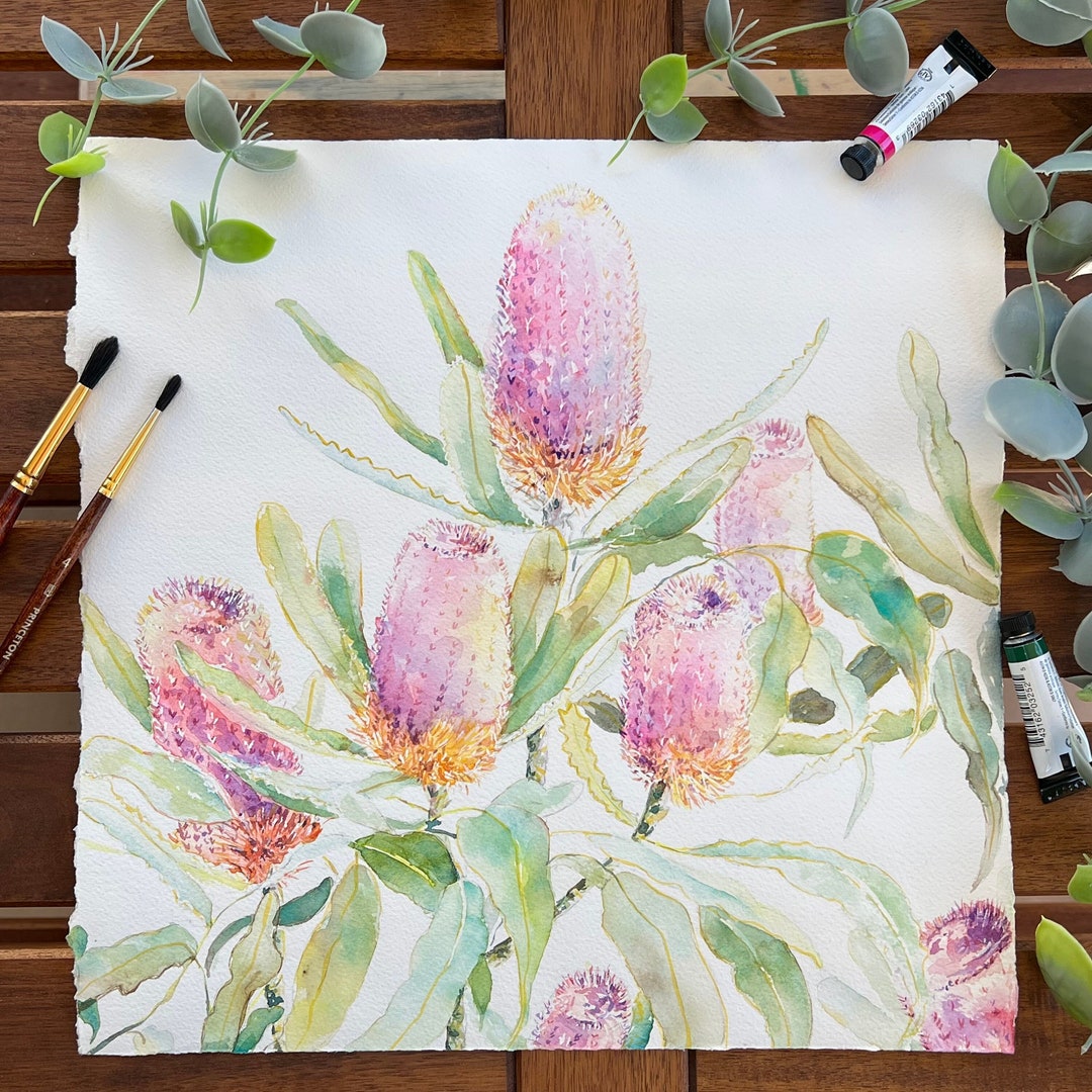 Original Watercolor Banksia Painting, Pink Banksia Wall Art, Australian ...