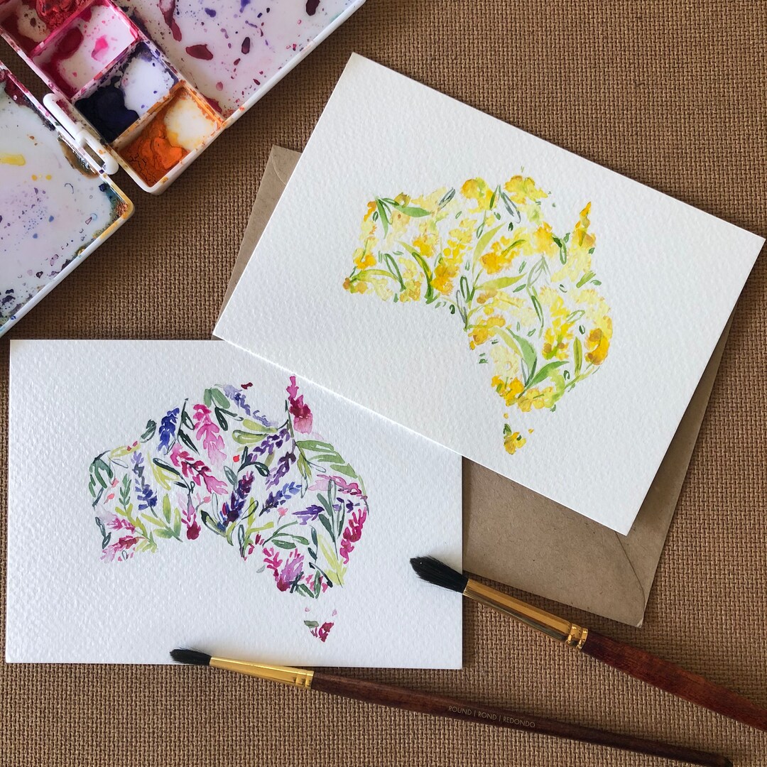 Australia Map Art, Original Watercolor Australia, Map Painting, Flower ...