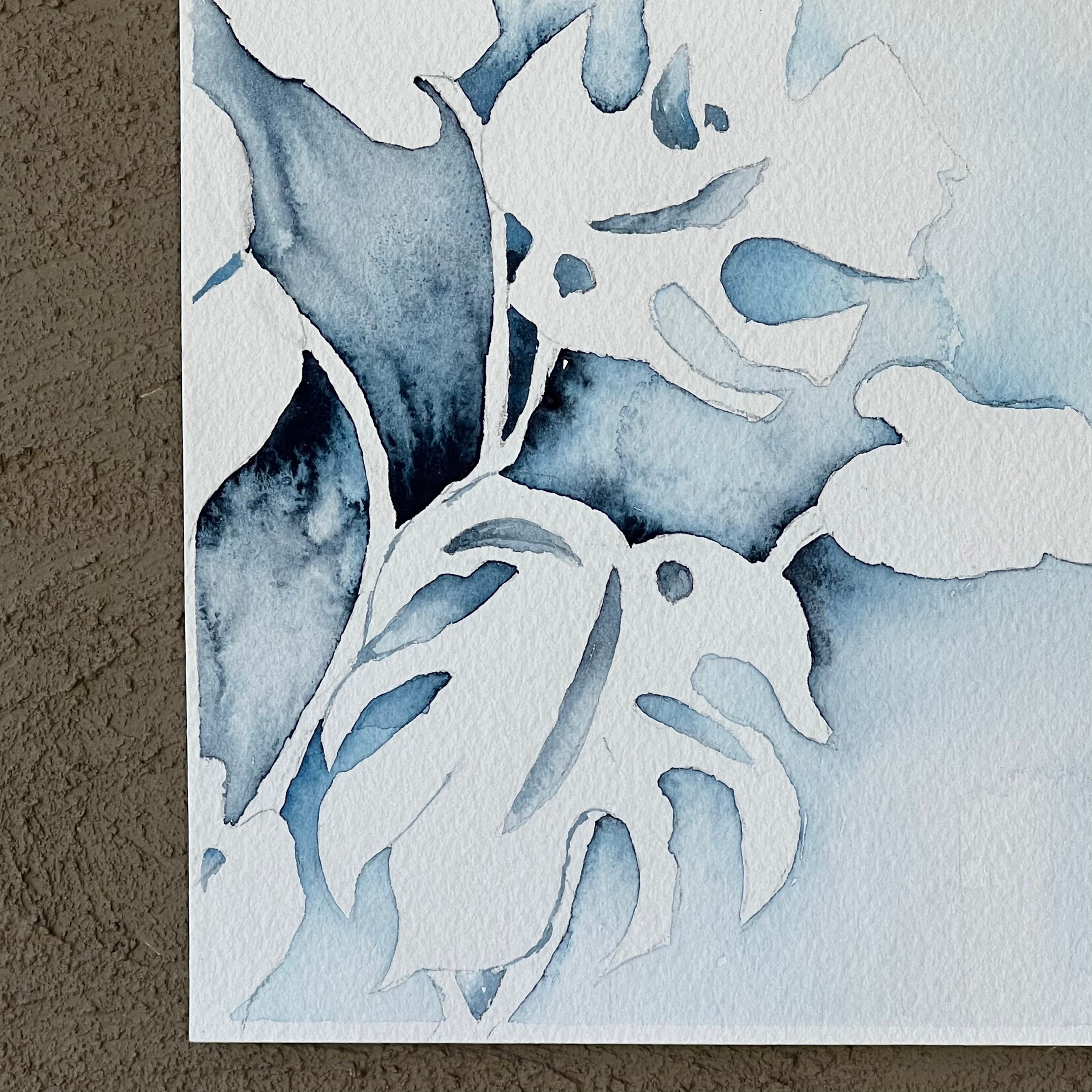 Indigo Blue Monstera Leaves Watercolor, Monstera Leaf Art, Watercolor ...