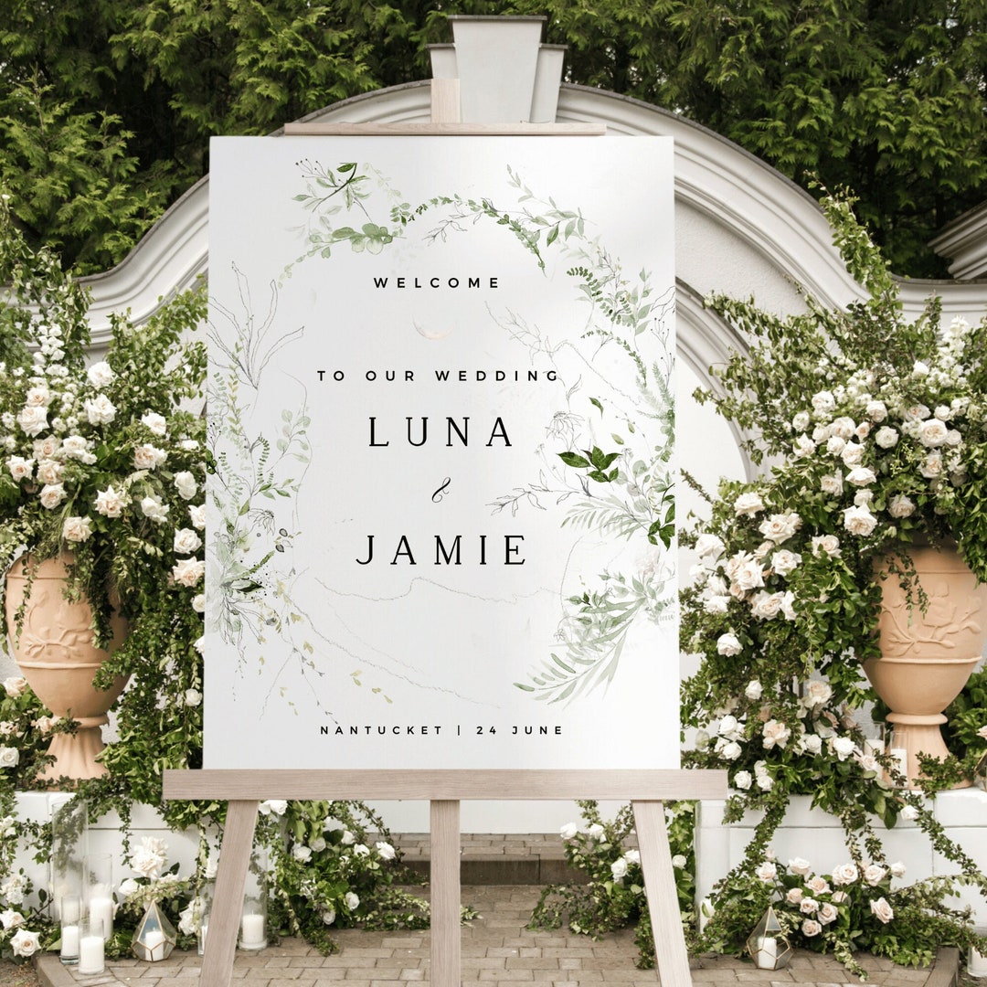 Wedding Welcome Sign, Editable Template Download, Green Floral Wedding ...