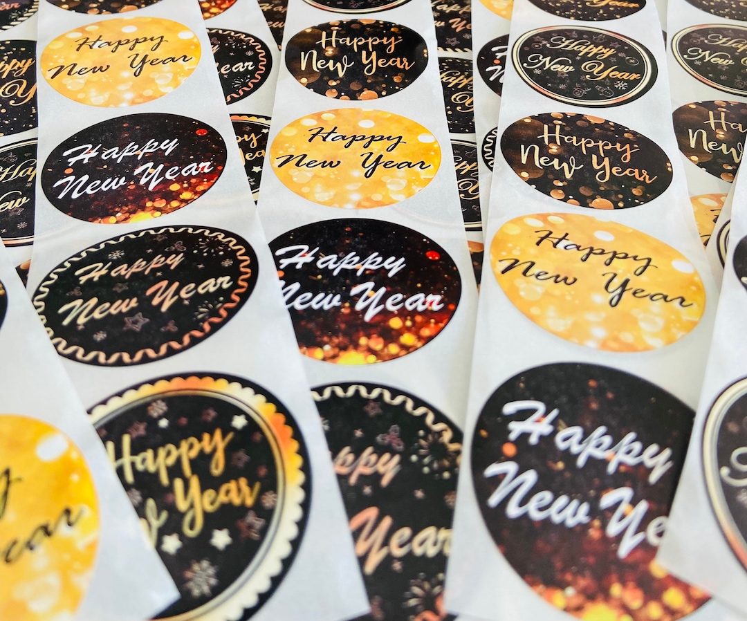 HAPPY New Year Stickers / Round HNY Labels / Large Happy New Year ...