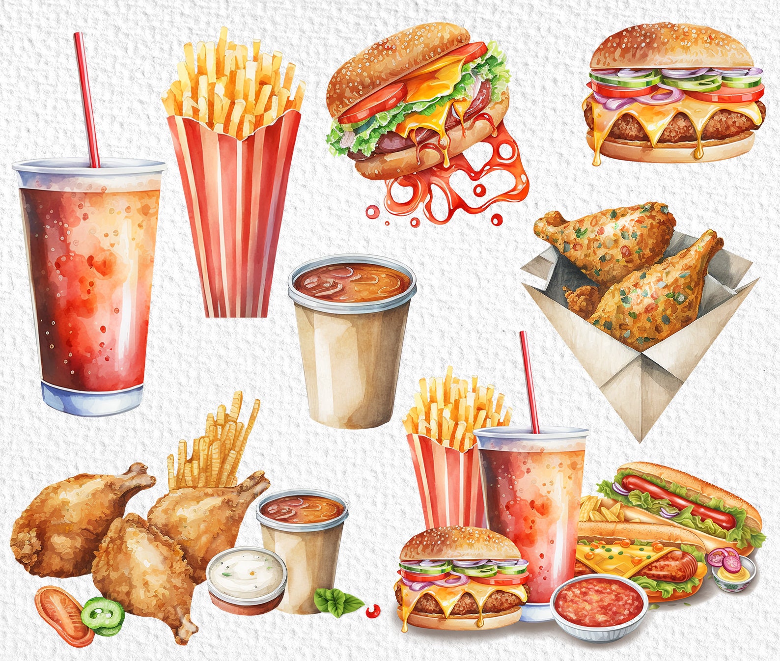 Fast Food Clipart Watercolor Clipart Food Illustration Png - Etsy