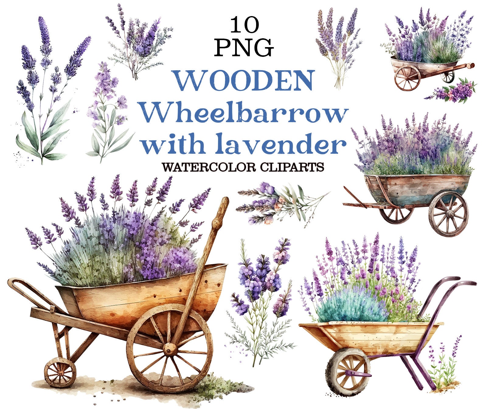 Wooden Wheelbarrow With Lavender, Watercolor Clipart, Lavender Png ...