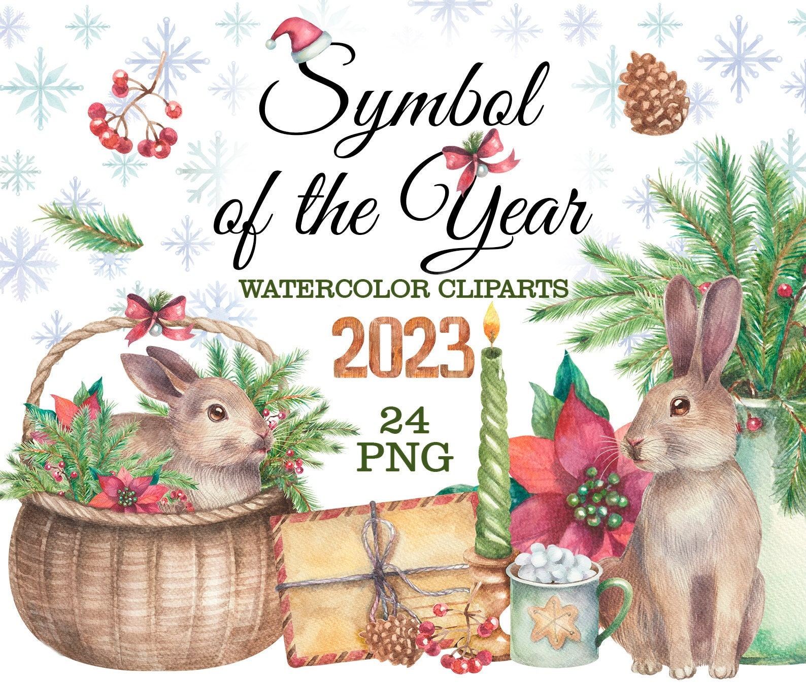 New Year Animals Clipart, Christmas Rabbit Clipart, Bunny Png, Retro ...