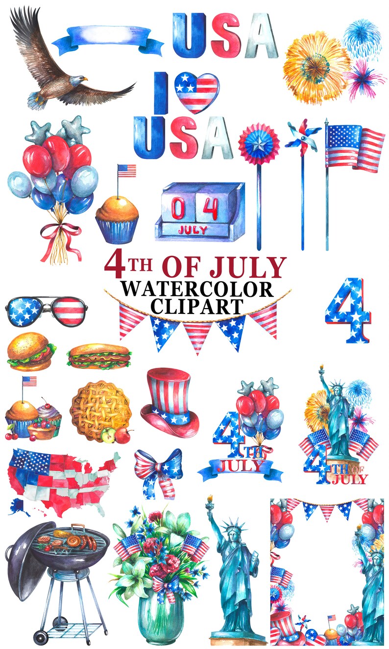 Watercolor 4th of July Clipart Independence Day Patriotic - Etsy