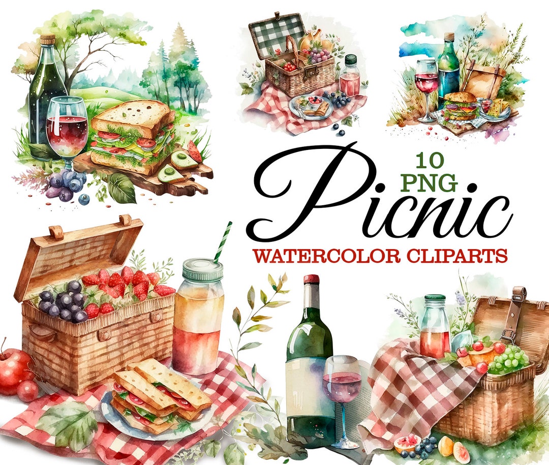 Watercolor Picnic Clipart: Rustic Food & Basket PNG (digital Download ...