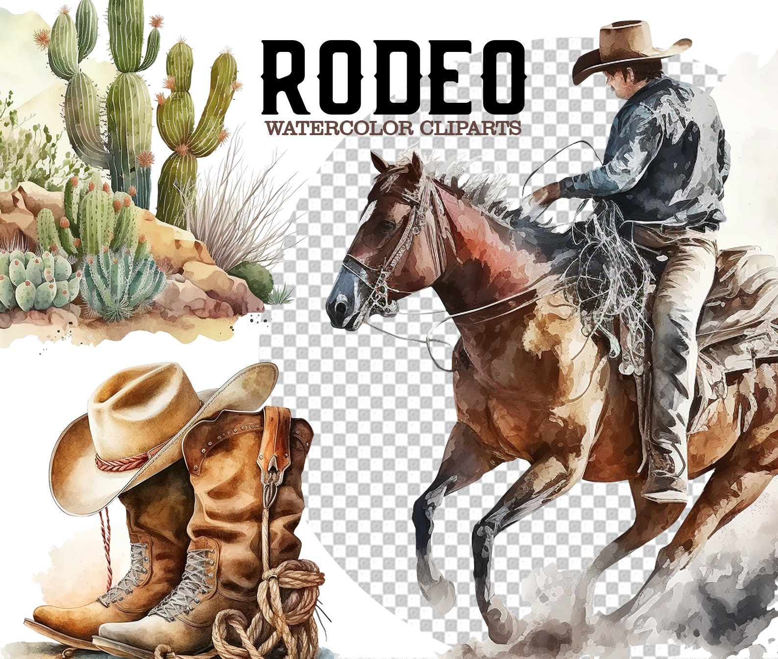 Watercolor Rodeo Clipart: Western Cowboy, Horse, Cactus (PNG Digital ...