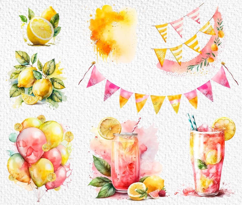 Watercolor Pink Lemonade Clipart: Summer Party PNG (digital Download ...
