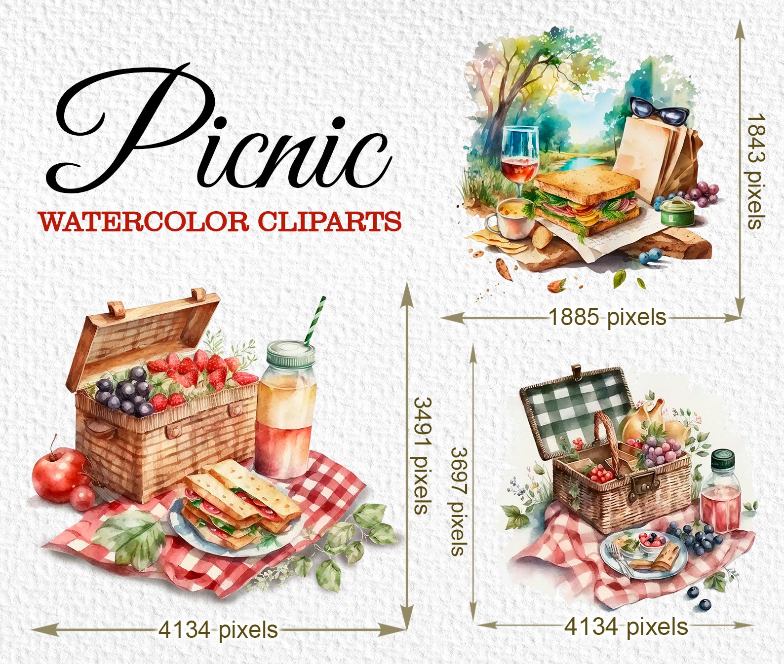Watercolor Picnic Clipart: Rustic Food & Basket PNG (digital Download ...