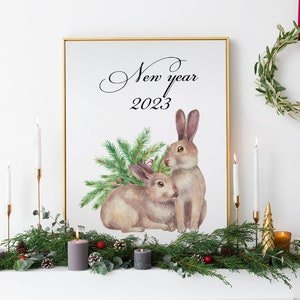 New Year Animals Clipart, Christmas Rabbit Clipart, Bunny Png, Retro ...