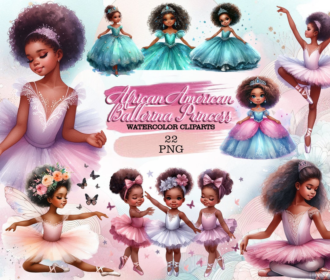 Watercolor Pink Turquoise Ballerina Clipart, Ballet Girl Black Baby ...