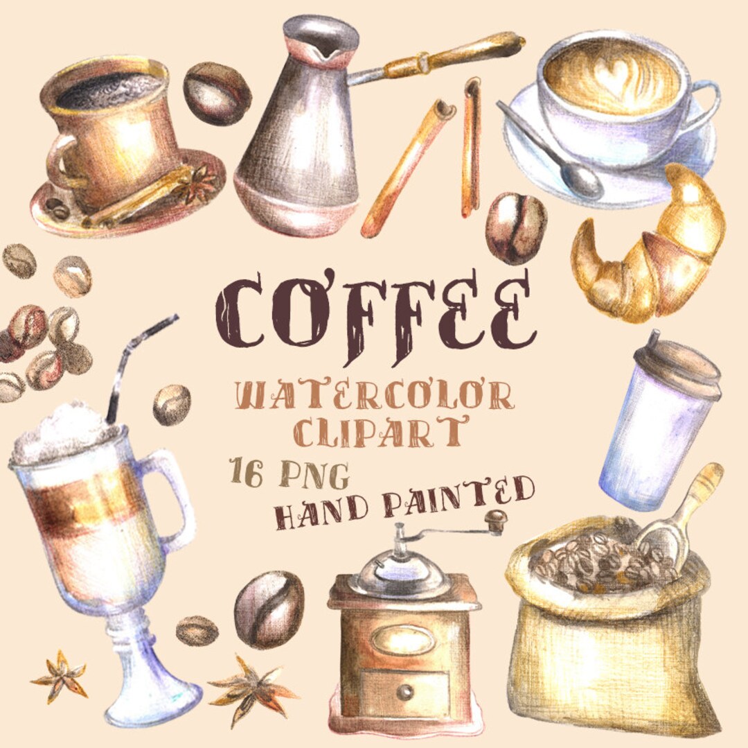 Watercolor Coffee Clipart, Coffee Mug, Coffee Beans, Cappuccino Clipart ...