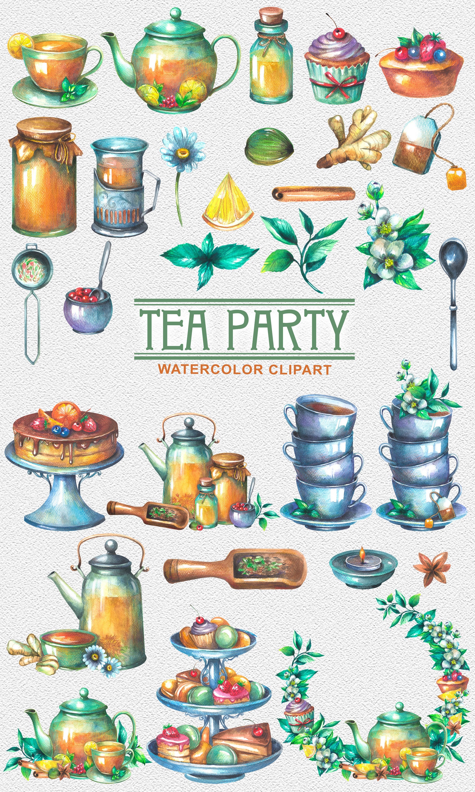 Tea Party Watercolor Clipart, Tea Party Invitation, Birthday Clipart ...
