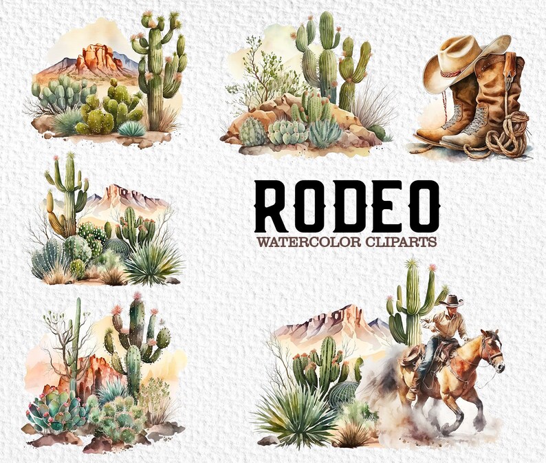 Watercolor Rodeo Clipart: Western Cowboy, Horse, Cactus (PNG Digital ...