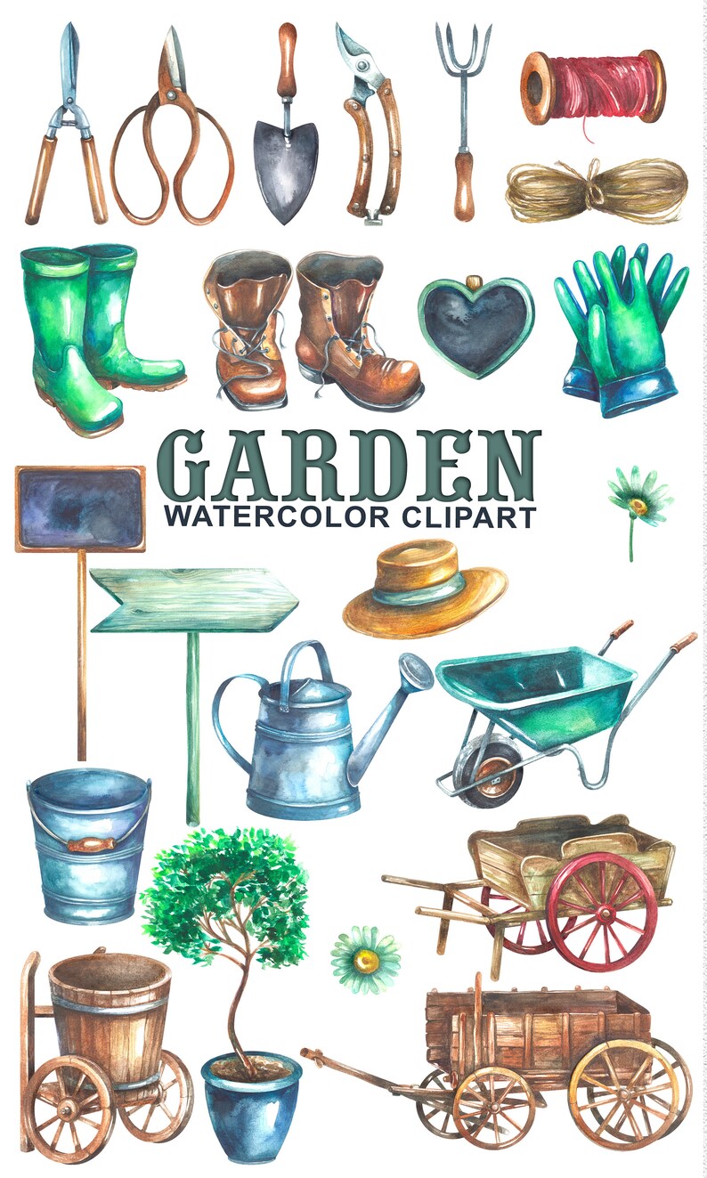 Garden Watercolor Cliparts, Gardening Clipart Set, Spring Clipart ...