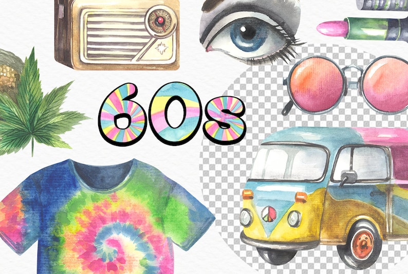 60s Clipart Png Watercolor, Hand Painted Clipart, 1960 Party, 60s Invitation, 60s Nostalgia, 60s ...