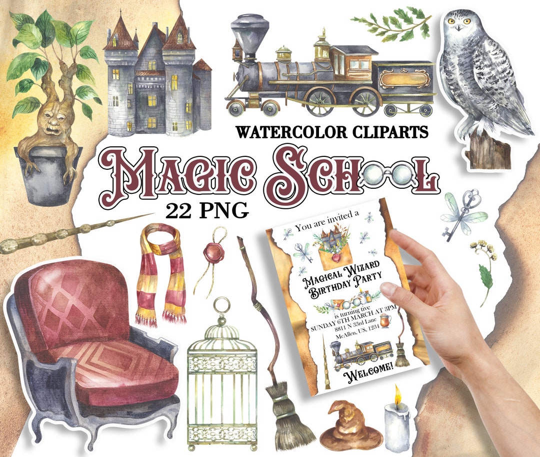 Magic School Watercolor Clipart, Magical Wizard Birthday Party ...