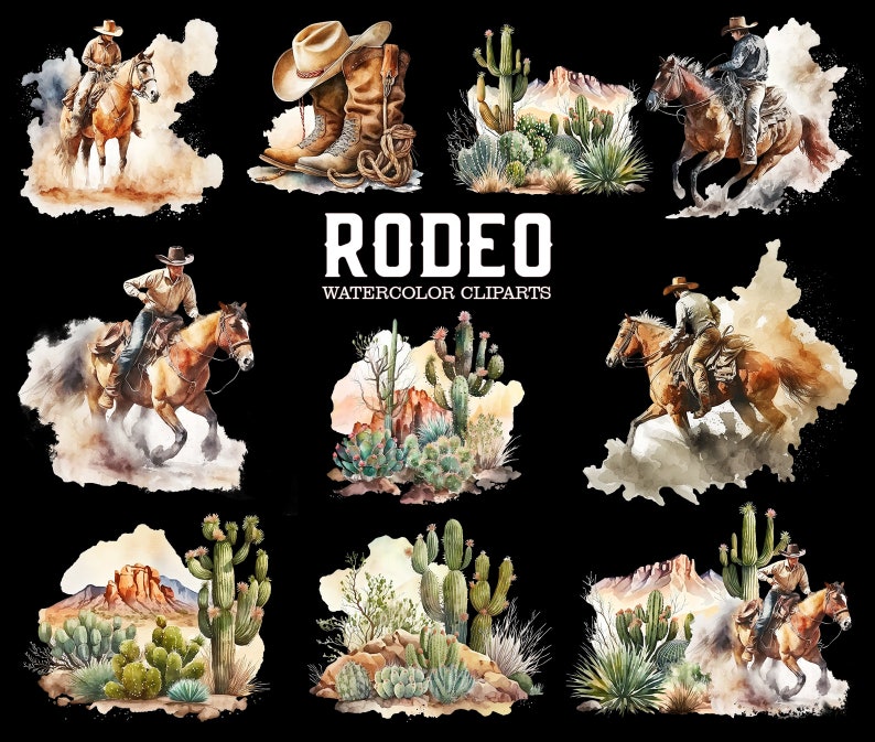 Watercolor Rodeo Clipart: Western Cowboy, Horse, Cactus (PNG Digital ...