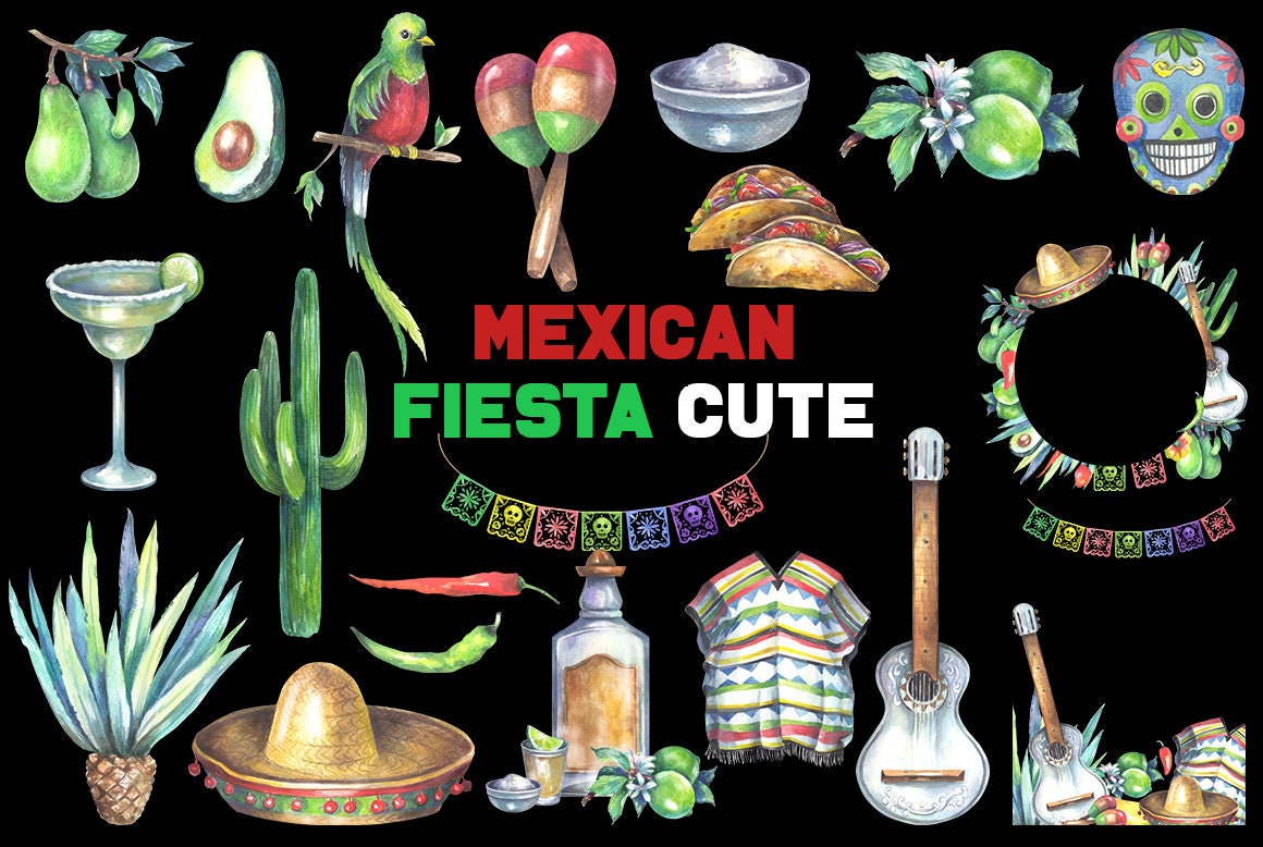 Mexican Fiesta Cute Digital Watercolor Clipart Png Hand - Etsy