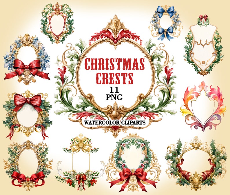 Watercolor Christmas Crest Clipart: Holiday Frame Illustrations (PNG ...