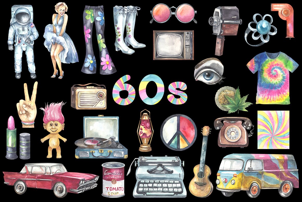 60s Clipart Png Watercolor, Hand Painted Clipart, 1960 Party, 60s Invitation, 60s Nostalgia, 60s ...