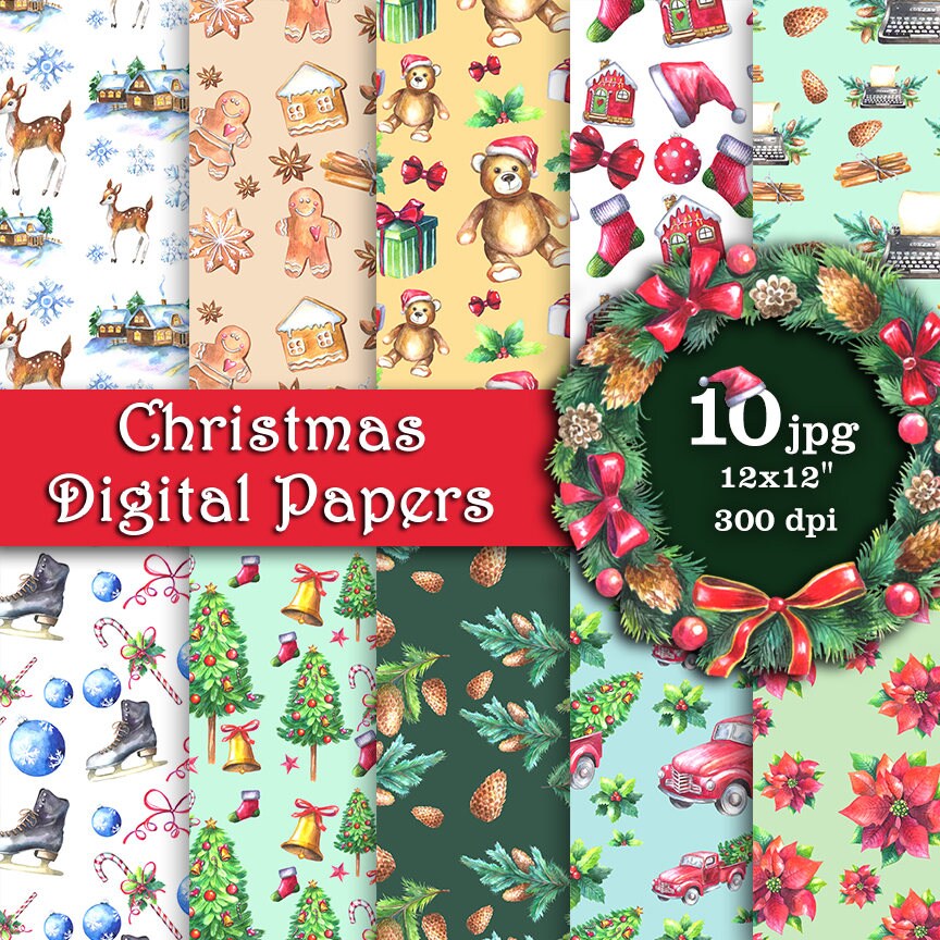 Christmas Digital Paper Watercolor Printable Paper Christmas Background ...
