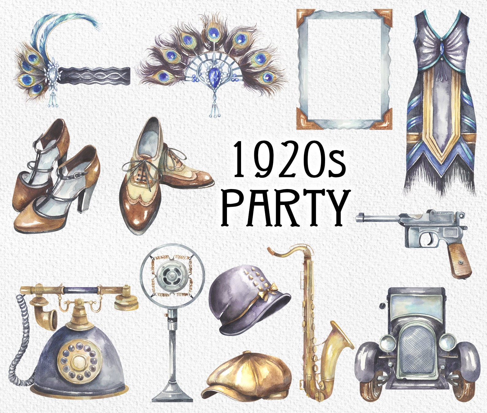 1920s Party Watercolor Clipart, 1920 Party Invitation, Png Roaring 20s ...